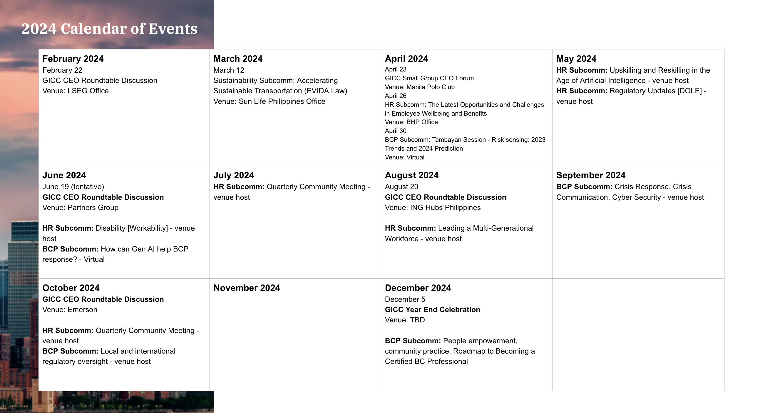 2024 GICC Calendar of Events| News